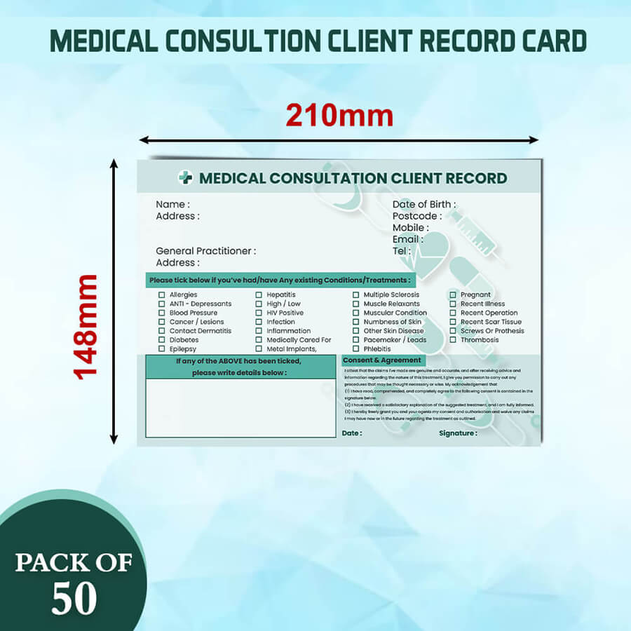 Medical Client Record Cards | Treatment Consultation Forms Pack of 50