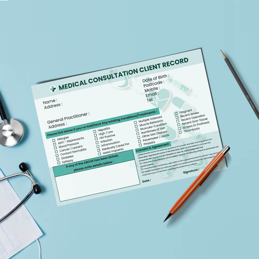 Medical Client Record Cards | Treatment Consultation Forms Pack of 50